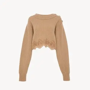 Chloé Cropped Mock Neck Sweater With Lace Hem - Bleached Brown