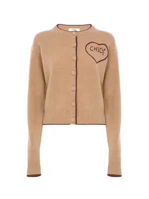 Chloé Fitted Logo Cardigan In Wool & Cashmere - Bleached Brown