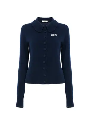 Chloé Fitted Wool Knit Cardigan With Guipure Collar - Ink Navy