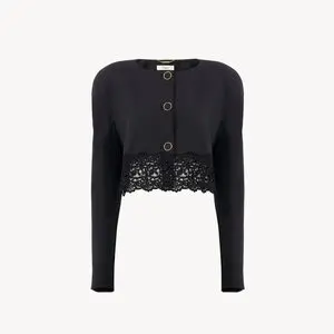 Chloé Collarless Cropped Jacket In Wool Grain De Poudre & Lace