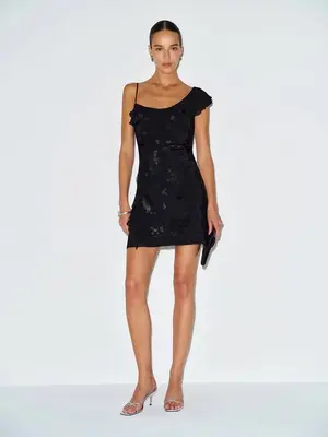 REFORMATION Floral Print Asymmetrical Ruffle Mini Dress - Black