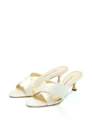 Manolo Blahnik Cream White Satin Crossover Strap Pleated Sandals
