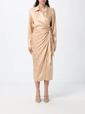 CRIDA MILANO Habotai Silk Midi Wrap Chemisier Dress With Long Sleeves - Gold
