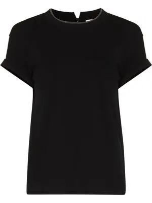 Brunello Cucinelli Stretch Cotton Jersey T-shirt With Embellished Neckline - Black