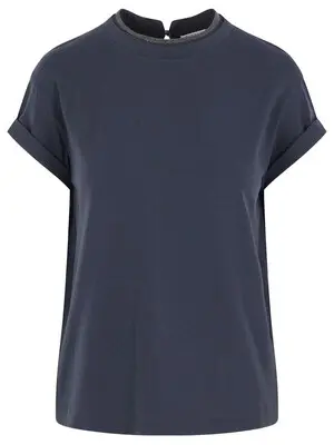 Brunello Cucinelli Stretch Cotton Jersey T-shirt With Embellished Neckline - Blue