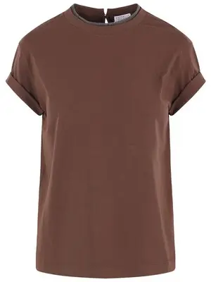 Brunello Cucinelli Stretch Cotton Jersey T-shirt With Embellished Neckline - Brown