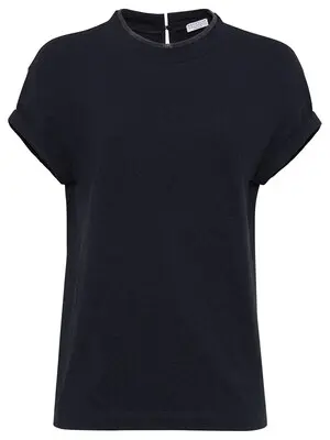Brunello Cucinelli Stretch Cotton Jersey T-shirt With Embellished Neckline - Grey