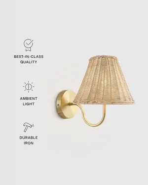 Quince Curved Iron Sconce With Rattan Shade - Light Brown