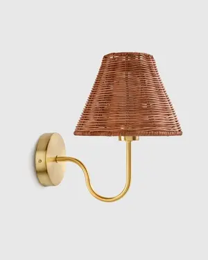 Quince Curved Iron Sconce With Rattan Shade - Medium Brown