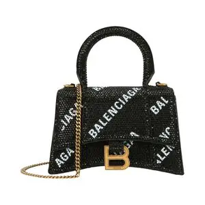 Balenciaga Hourglass Xs Top Handle Bag With Allover Logo Strass - Black
