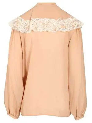 Chloé Silk Lace Detail V-neck Blouse With Puff Sleeves