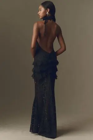 DE LA VALI Bonita Lace Halter Gown
