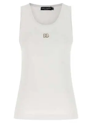 Dolce & Gabbana Ribbed Cotton Tank Top With Embellished Dg Logo - White
