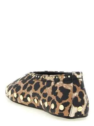 GANNI Leopard-print Cotton Denim Ballet Flats With Stud Embellishments - Multicolor
