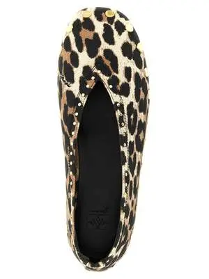 GANNI Leopard-print Cotton Denim Ballet Flats With Stud Embellishments - Multicolor