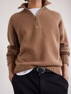 TOM FORD Wool And Cashmere-blend Half-zip Sweater - Brown
