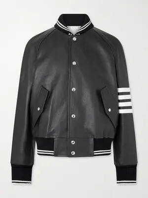 Thom Browne Oversized Striped Leather Bomber Jacket - Black