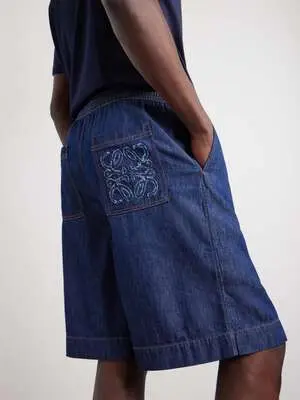 Loewe Wide-leg Anagram-detailed Cotton-chambray Drawstring Shorts