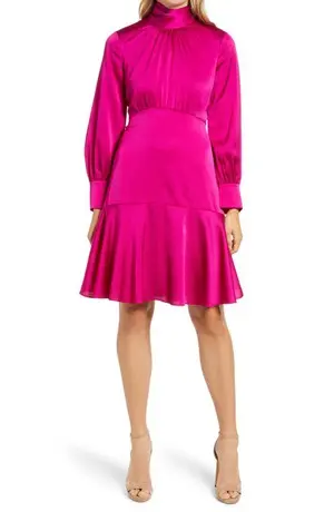 Eliza J High Neck Shirred Long Sleeve Satin Dress - Magenta