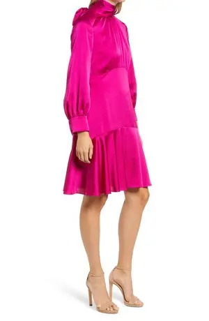 Eliza J High Neck Shirred Long Sleeve Satin Dress