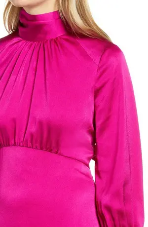 Eliza J High Neck Shirred Long Sleeve Satin Dress