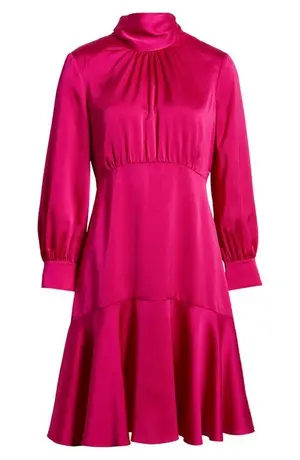 Eliza J High Neck Shirred Long Sleeve Satin Dress