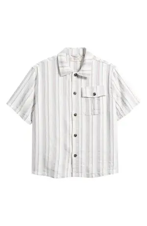 !SOLID Umber Stripe Short Sleeve Linen Blend Button-up Shirt