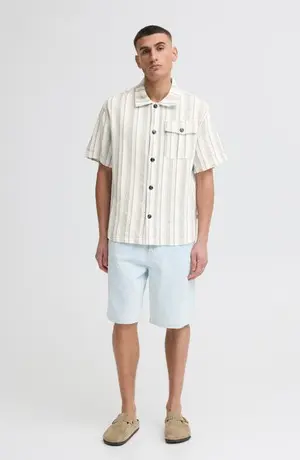 !SOLID Umber Stripe Short Sleeve Linen Blend Button-up Shirt