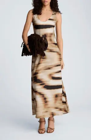 KENNETH COLE Abstract Print Stretch Satin Midi Dress - Burlap Multi