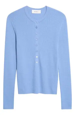 LISA YANG Airi Cotton & Cashmere Ribbed Henley Soft Sky
