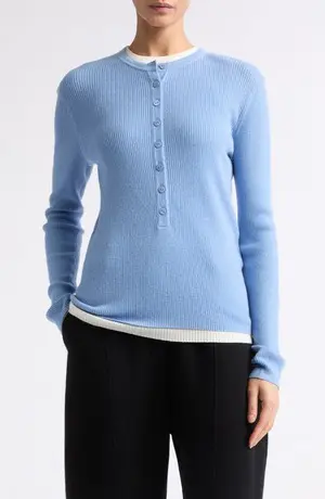 LISA YANG Airi Cotton & Cashmere Ribbed Henley - Soft Sky