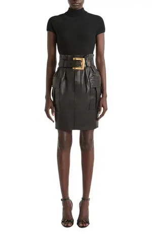 Balmain Belted Lambskin Skirt - Black