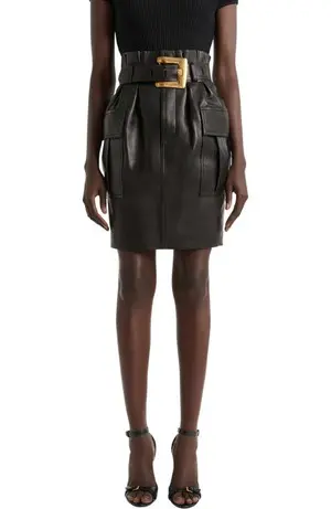 Balmain Belted Lambskin Skirt
