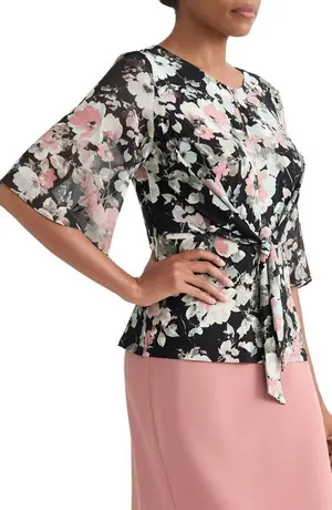 KASPER Floral Print Mixed Media Tie Waist Top