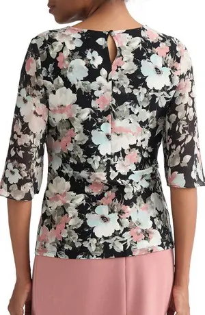 KASPER Floral Print Mixed Media Tie Waist Top