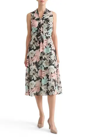 KASPER Sleeveless Floral Print Midi Dress With Tie Neck - Black Multi