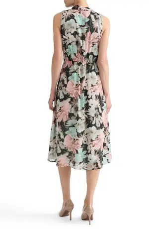 KASPER Sleeveless Floral Print Midi Dress With Tie Neck