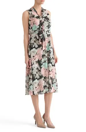KASPER Sleeveless Floral Print Midi Dress With Tie Neck