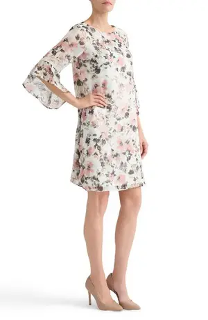 KASPER Metallic Floral Print Ruffle Shift Dress