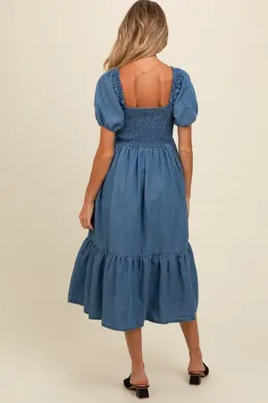 PINKBLUSH Vintage Wash Chambray Smocked Midi Dress
