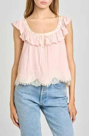 WAYF Lace Trim Ruffle Collar Top - Blush