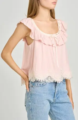 WAYF Lace Trim Ruffle Collar Top - Blush