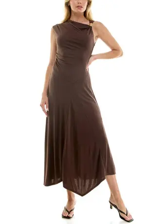 SOCIALITE Asymmetric Side Ruched Midi Dress - Chocolate
