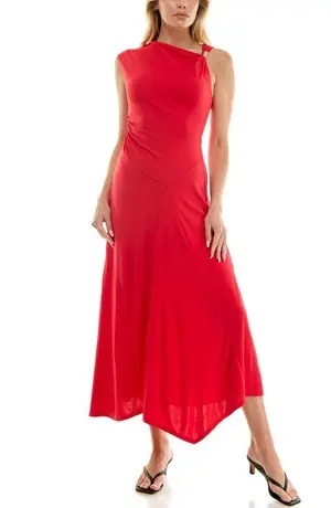 SOCIALITE Asymmetric Side Ruched Midi Dress - Red