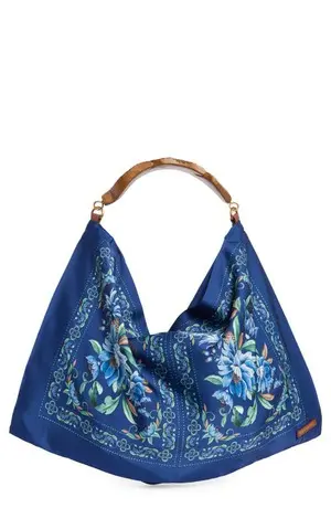 Farm Rio Botanical Print Satin Scarf Bag With Wooden Handle - Blue