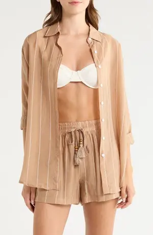 Elan Stripe Oversize Cotton Button-up Cover-up Shirt - Tan