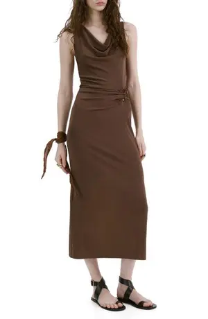 Mango Cowl Neck Side Gather Dress - Brown