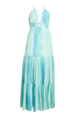 Elan Print Tiered Halter Maxi Dress - Blue Strovia