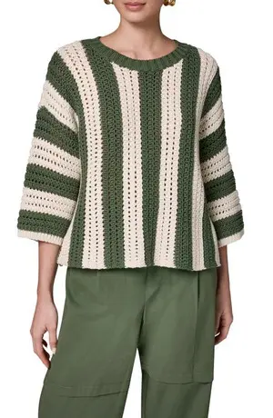 Donna Karan New York Vertical Stripe Open Stitch Cotton Sweater - Verde/crea