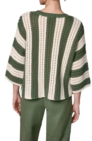 Donna Karan New York Vertical Stripe Open Stitch Cotton Sweater - Verde/crea